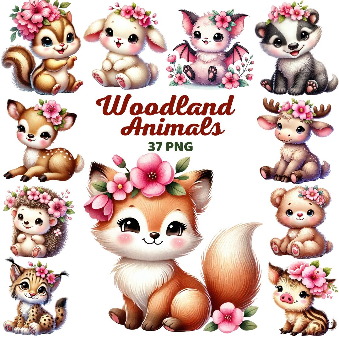 Cute Woodland Animals With Floral Clipart, Watercolor Animal Nursery ...