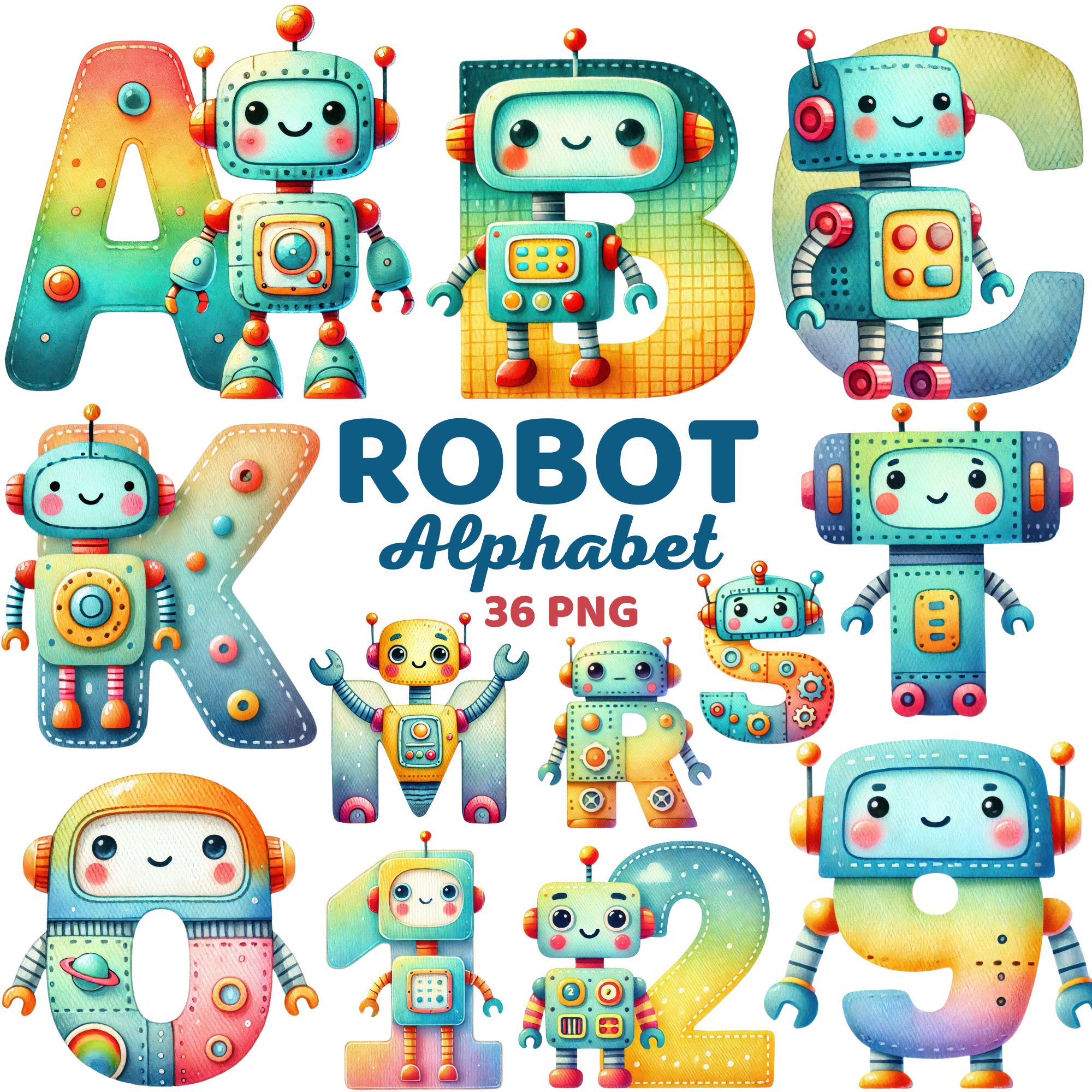 Robot Alphabet Clipart, Colorful Kids Sci-fi Font, Watercolor ...