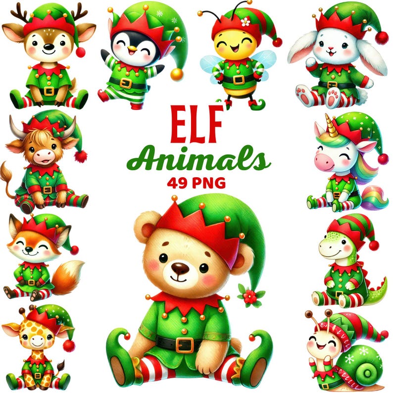 Elf Animals Clipart, Watercolor Cute Festive Xmas Nursery Decor ...
