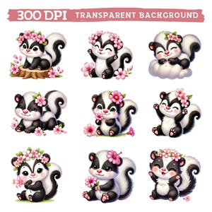 Cute Skunk Clipart, Watercolor Sweet Baby Skunks With Florals Sleep on ...