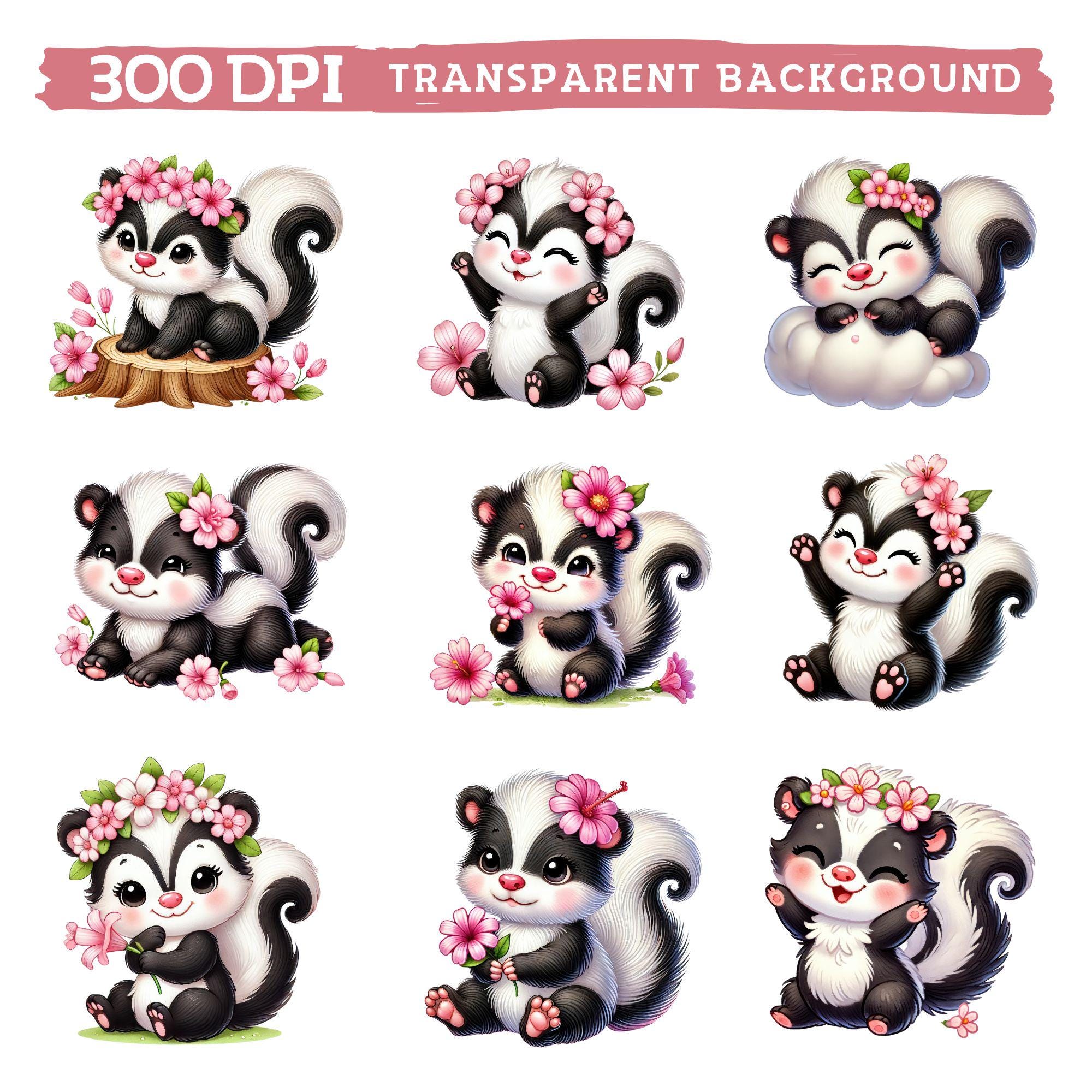 Cute Skunk Clipart, Watercolor Sweet Baby Skunks With Florals Sleep on ...