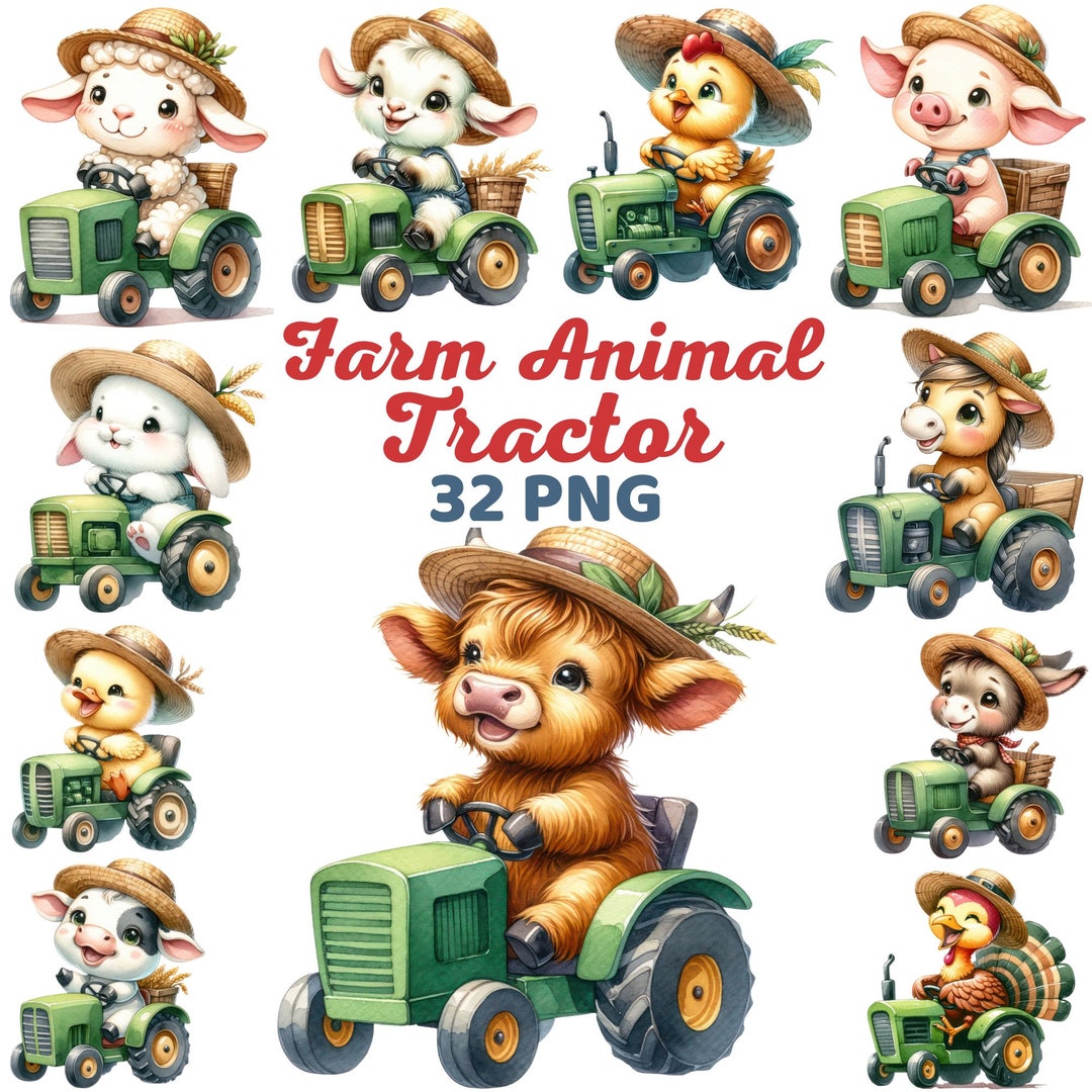 Adorable Farm Animal Clipart, Watercolor Cute Tractor-riding Critters ...