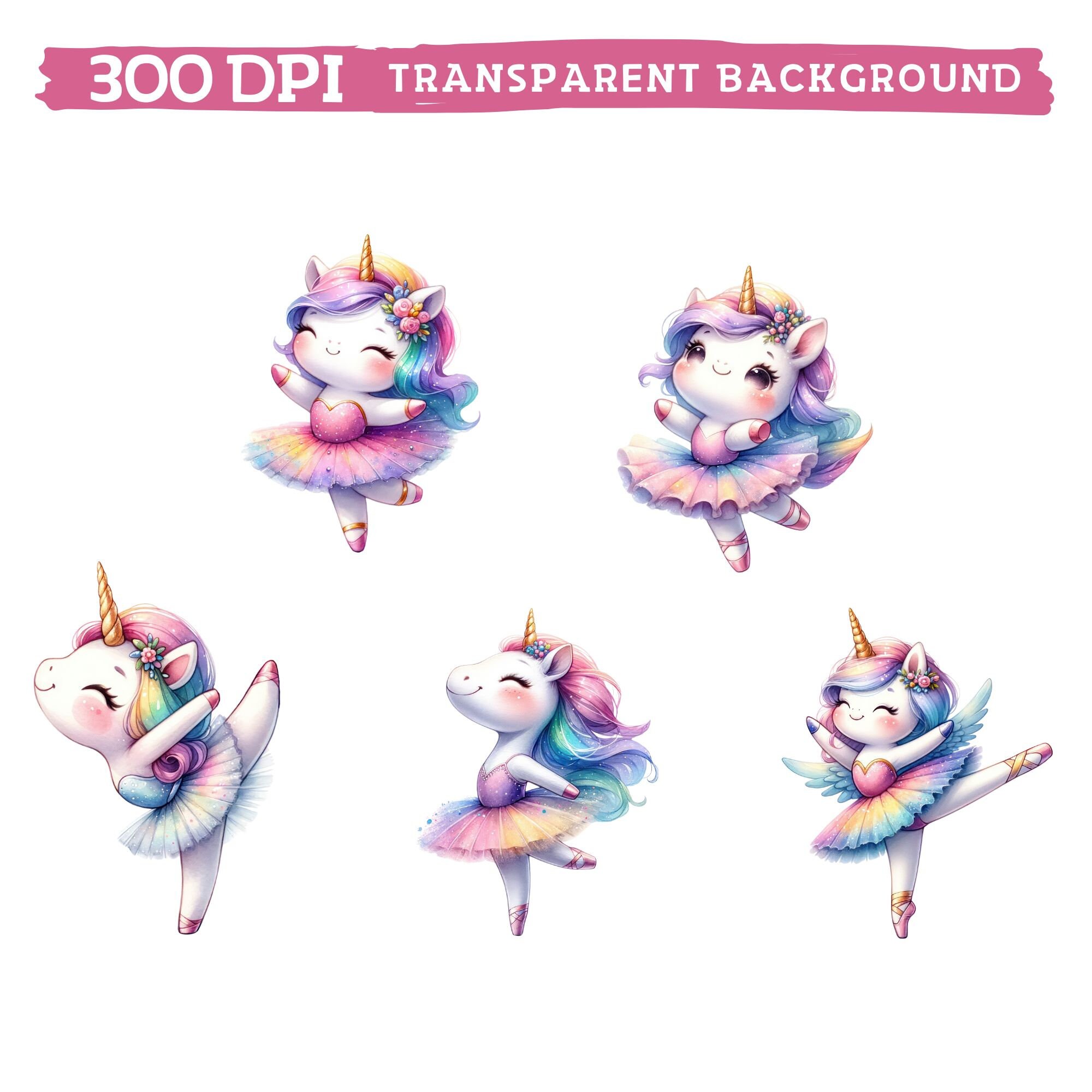 Cute Ballerina Unicorn Clipart, Watercolor Magic Ballet Animal Nursery ...