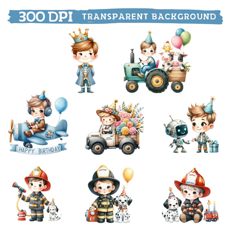 Boys Birthday Clipart, Watercolor Cute & Playful Party Kids Festive ...