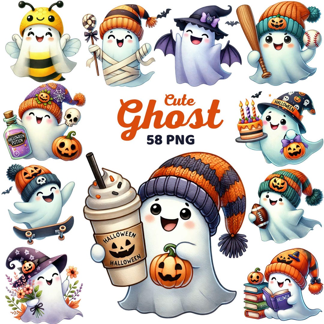 Watercolor Halloween Ghost Clipart, Cute Spooky Costume, Festive Ghosts ...