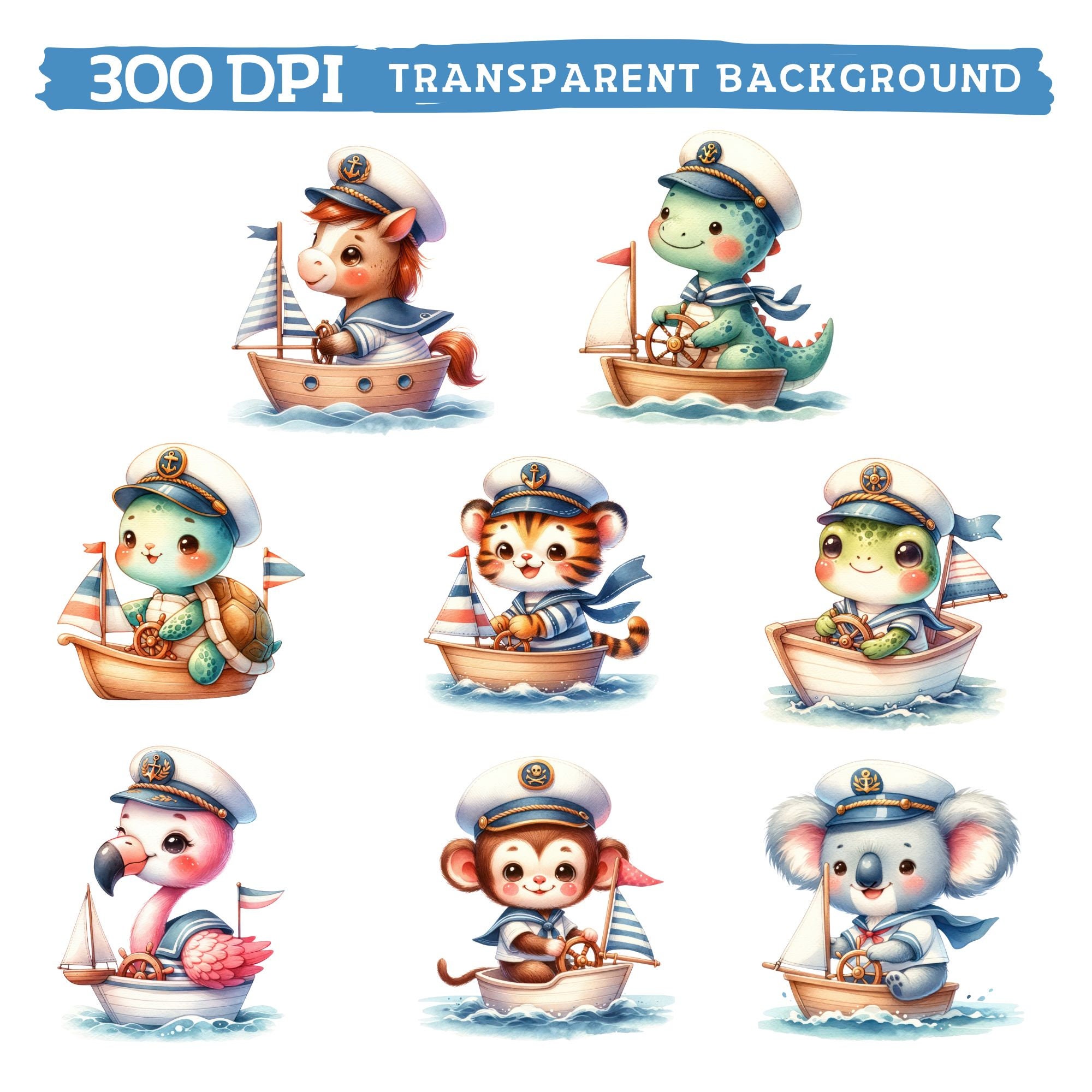 Watercolor Cute Sailor Animals Sailboat Clipart, Sailor Baby Animal ...