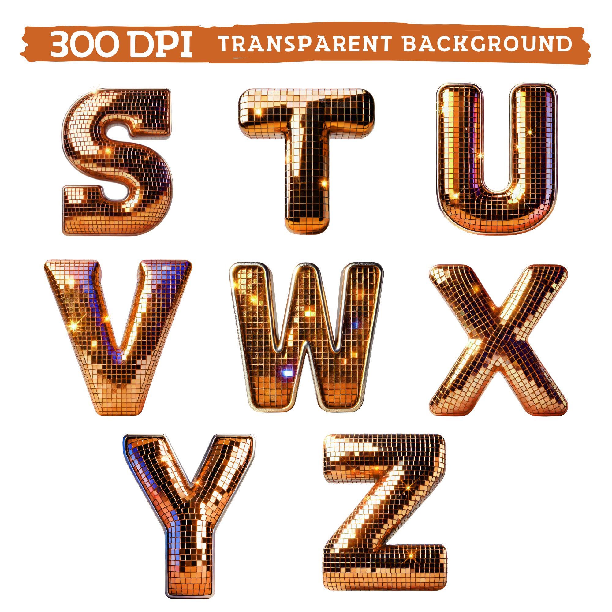 Retro Disco Alphabet Clipart, Orange Shiny Mirror Ball Letters ...
