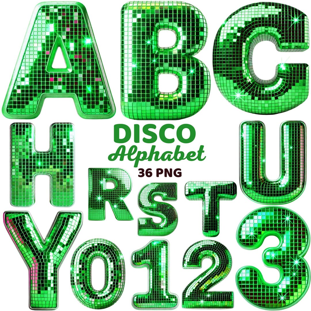 Retro Disco Alphabet Clipart, Green Shiny Mirror Ball Letters & Numbers ...