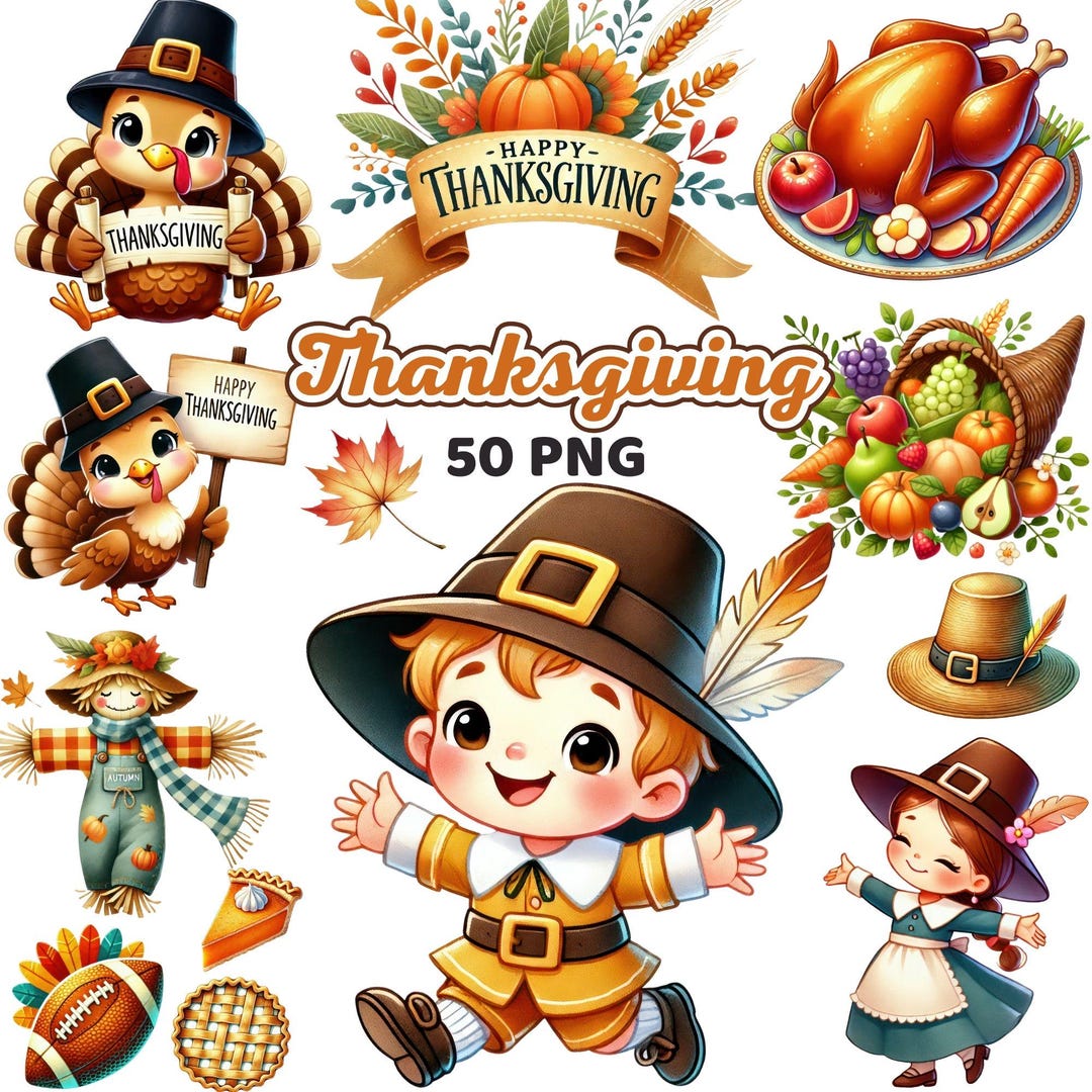 Watercolor Thanksgiving Clipart, Cute Pilgrims, Turkey, Wreath Autumn ...