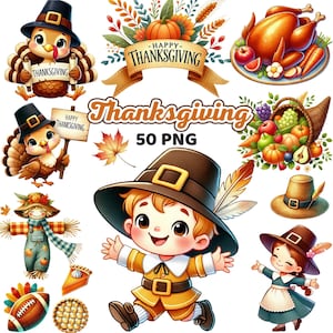 Watercolor Thanksgiving Clipart, Cute Pilgrims, Turkey, Wreath Autumn ...