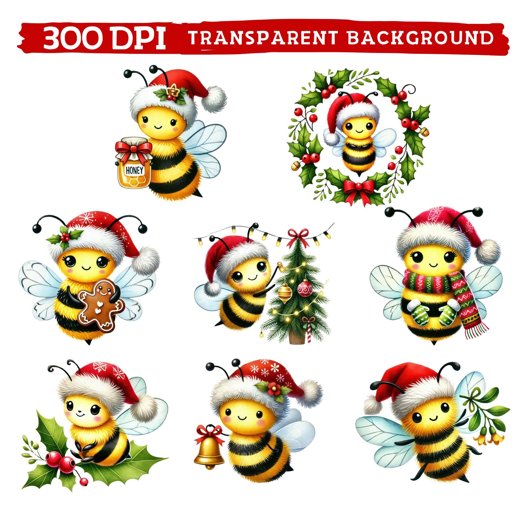 Christmas Bee Clipart, Watercolor Cute Holiday Bees, Nursery Decor ...