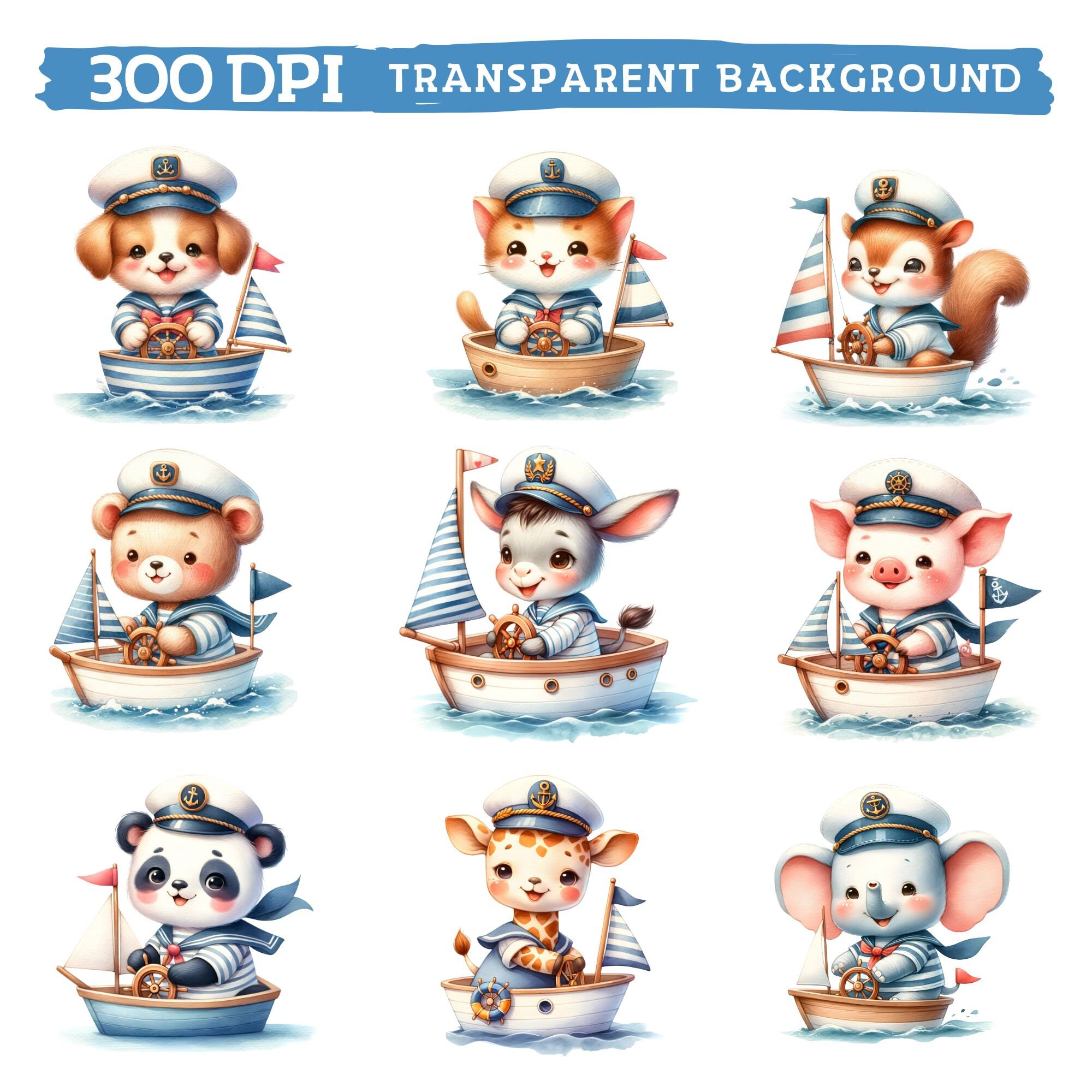 Watercolor Cute Sailor Animals Sailboat Clipart, Sailor Baby Animal ...