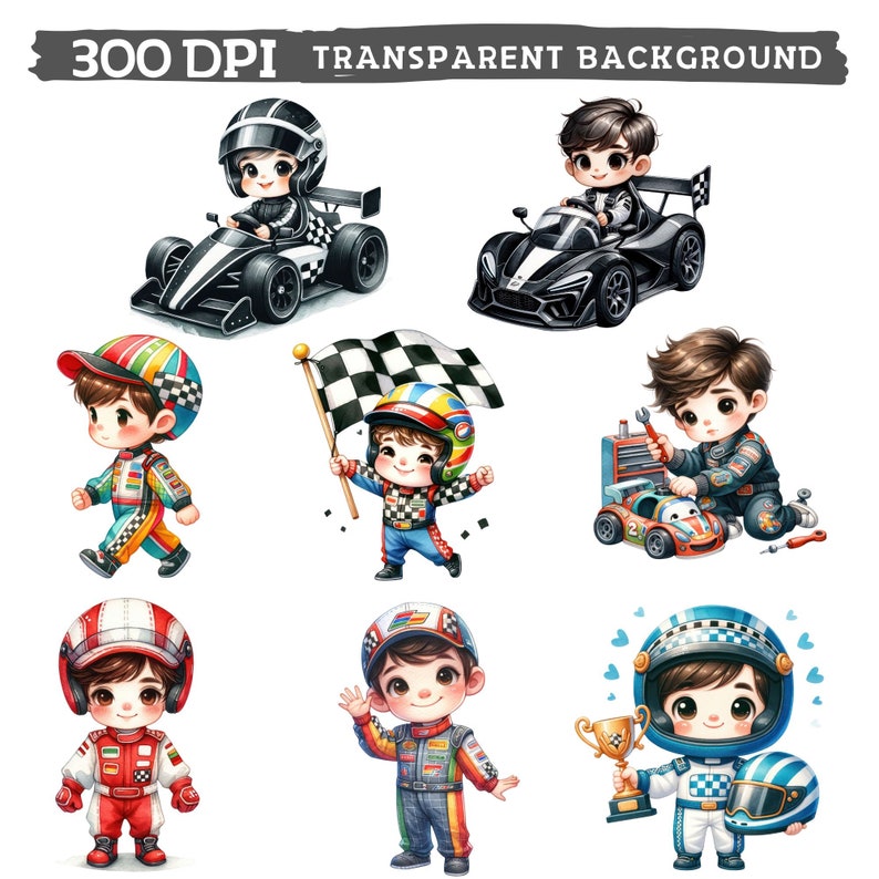 Watercolor Cute Racing Boy Clipart, Race Car Nursery Decor Sublimation ...