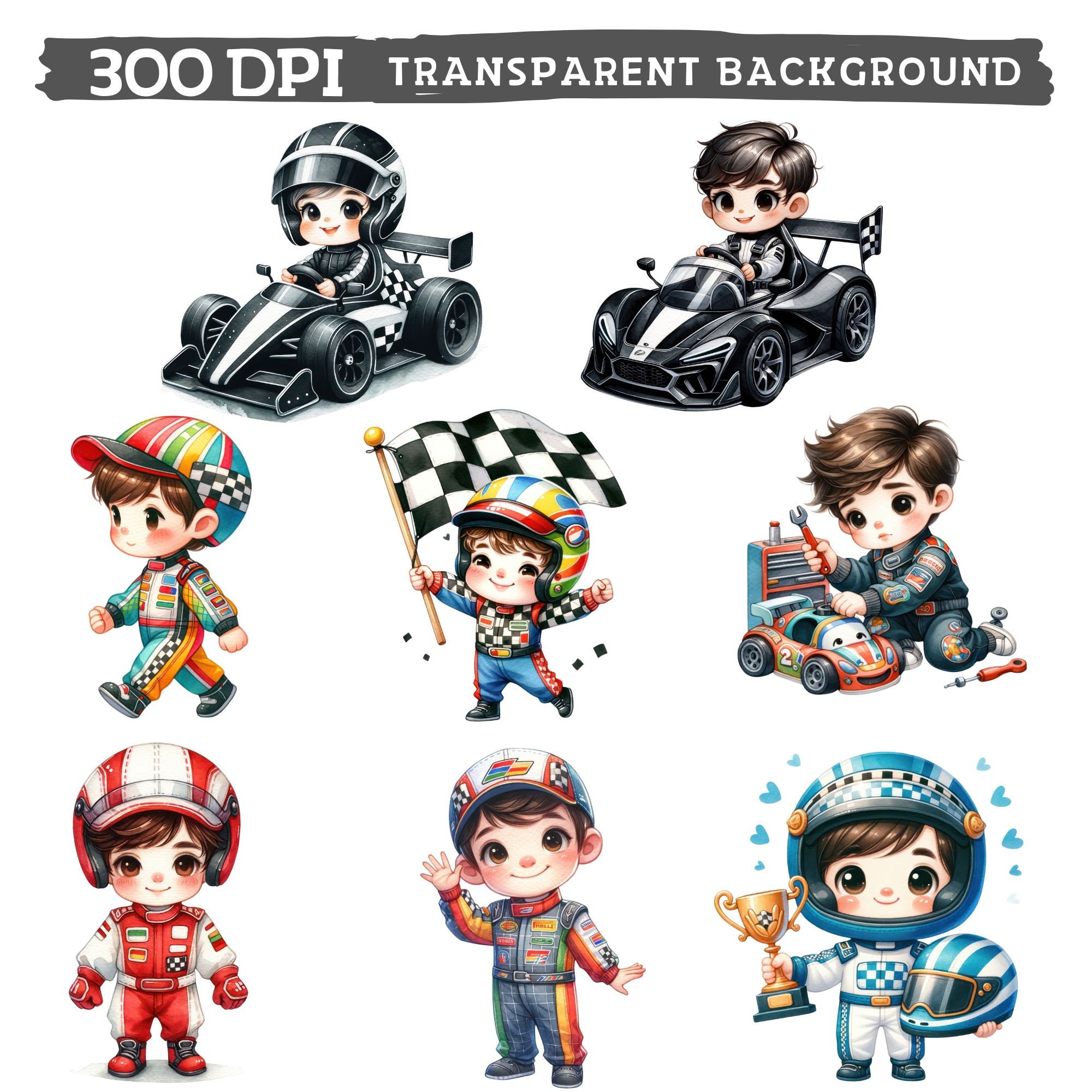 Watercolor Cute Racing Boy Clipart, Race Car Nursery Decor Sublimation ...