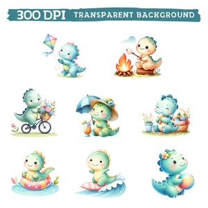 Watercolor Cute Dinosaur Clipart, Summer Beach Dinosaurs Nursery ...