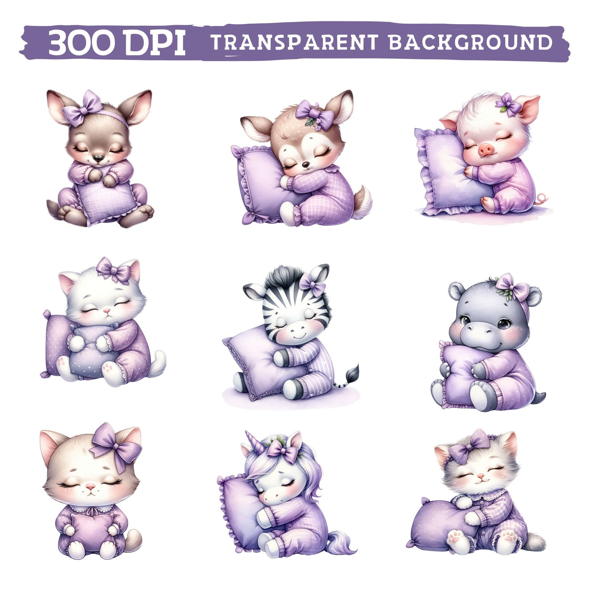 Watercolor Cute Lilac Sleepy Animals Clipart, Purple Sleeping Baby ...