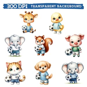 Soccer Animals Clipart, Watercolor Cute Cartoon Sports Nursery ...