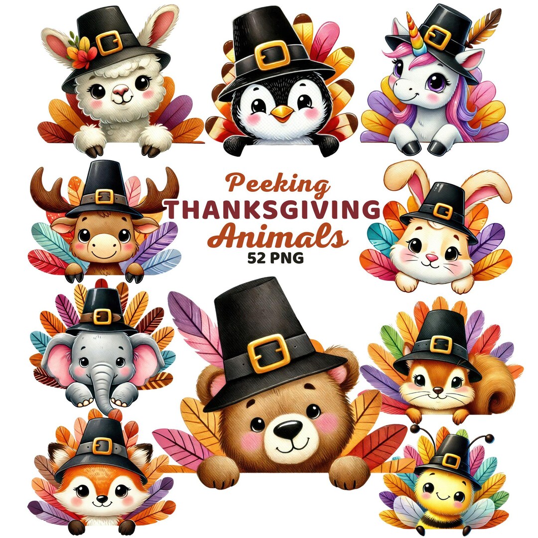Peeking Thanksgiving Animals Clipart, Watercolor Cute Pilgrim Fall ...
