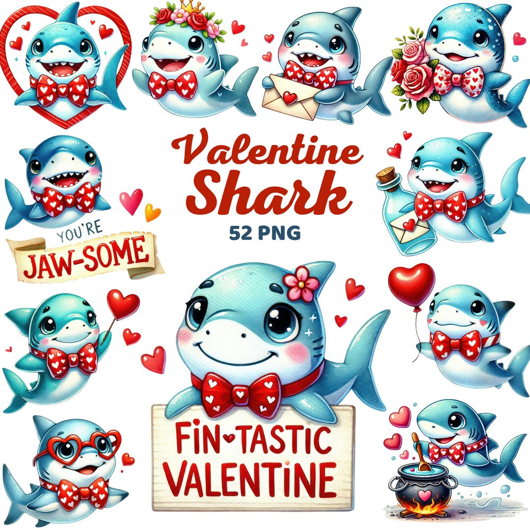 Valentine Shark Clipart, Watercolor Cute Ocean, Undersea Heart Nursery ...