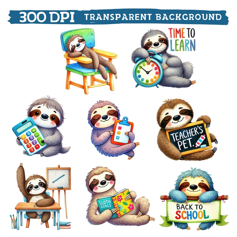 Sloth Back to School Clipart, Watercolor Cute Teachers Kids, Classroom ...