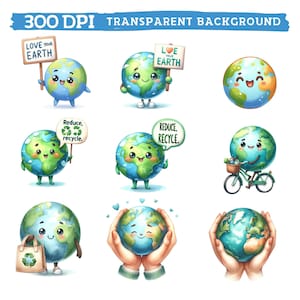 Watercolor Cute Earth Day Clipart, Planet Natural, Eco Friendly Recycle ...