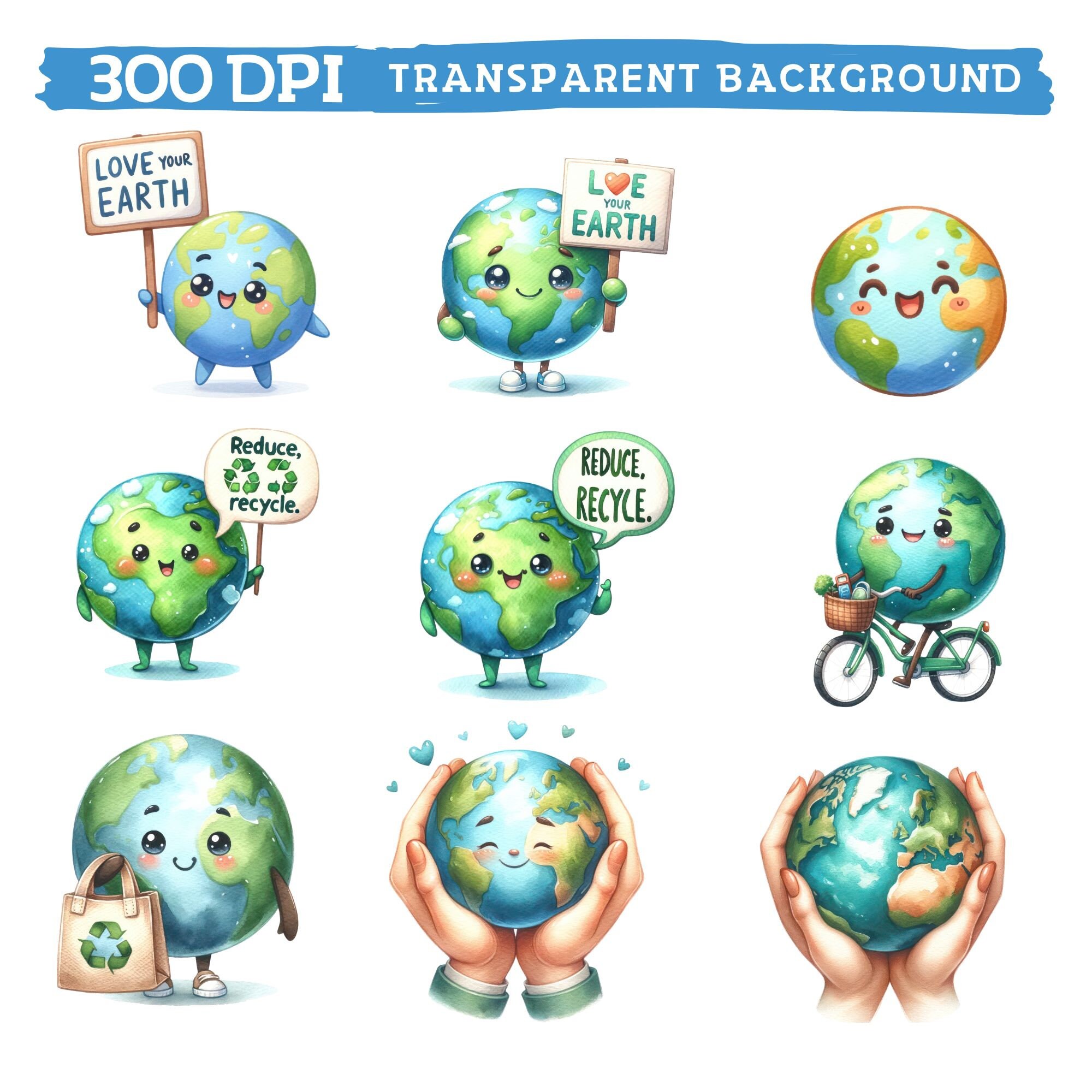 Watercolor Cute Earth Day Clipart, Planet Natural, Eco Friendly Recycle ...