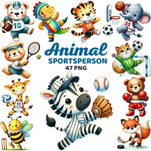 Cute Animal Sportsperson Clipart, Watercolor Kids Sport, Athlete ...