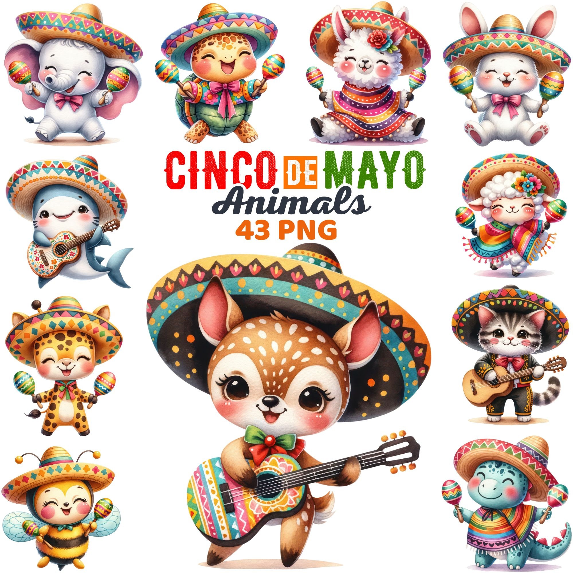 Cinco De Mayo Animals Clipart, Watercolor Festive Mexican Celebration ...