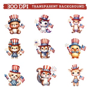4th of July Animals Clipart, Watercolor Cute Patriotic Nursery ...