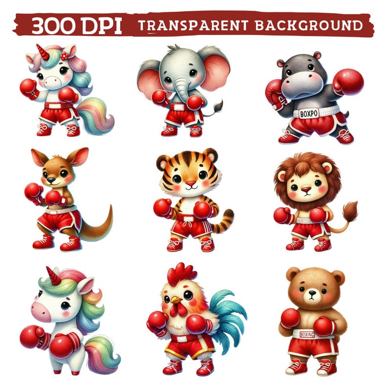 Boxing Animal Clipart, Watercolor Cute Fighter Nursery Decor, Red ...
