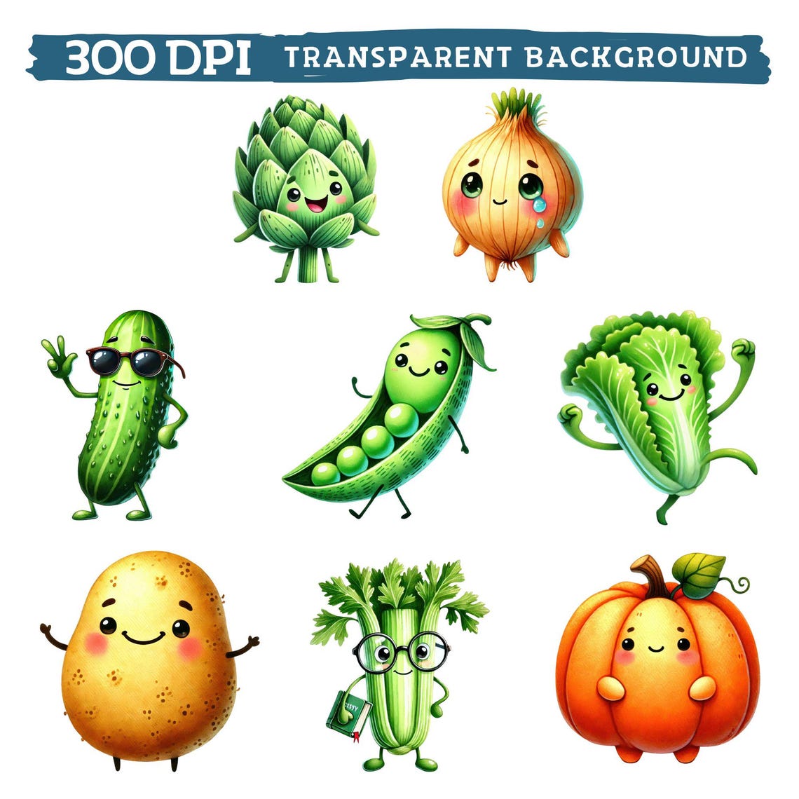 Cute Veggie Clipart, Watercolor Kawaii Vegetables Nursery Decor, Kids ...