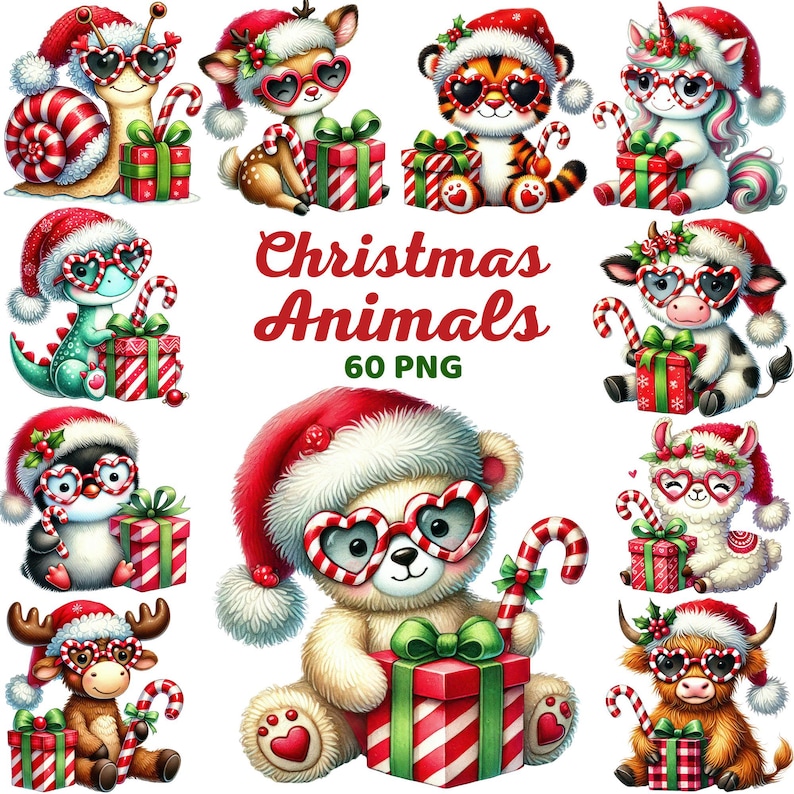 Christmas Animals Clipart, Watercolor Cute Holiday Animal Sunglasses ...
