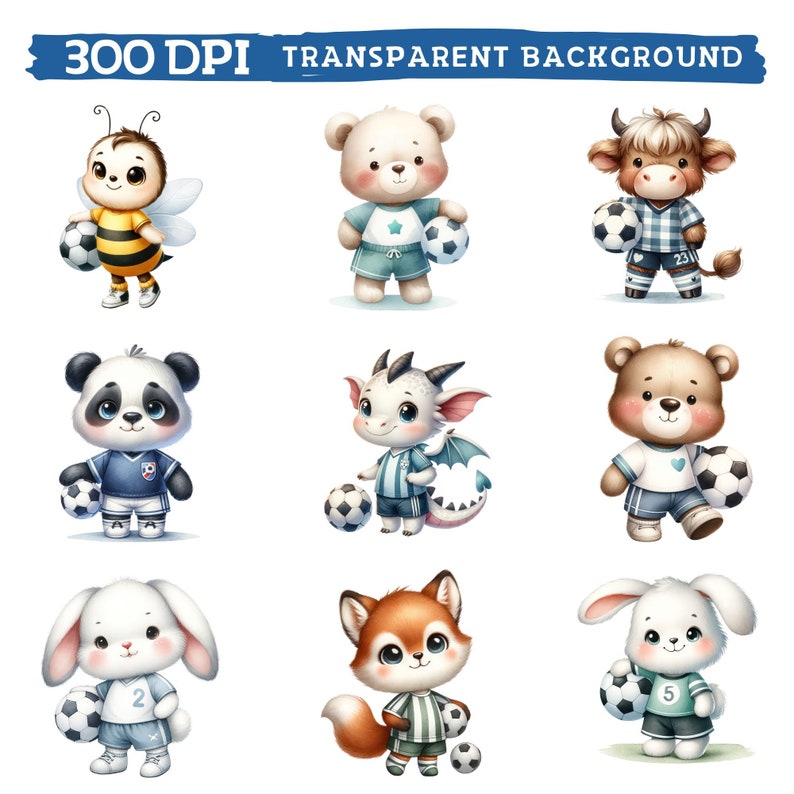 Soccer Animals Clipart, Watercolor Cute Cartoon Sports Nursery ...