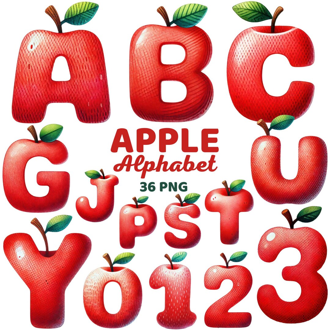 Apple Fruit Alphabet Clipart, Watercolor Red Fruit Letters and Numbers ...