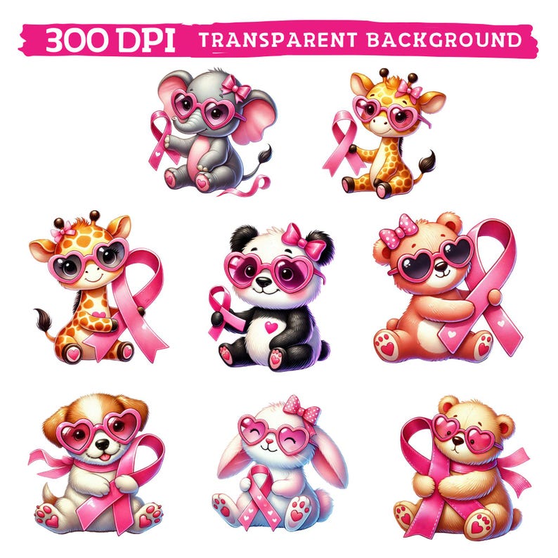 Cute Breast Cancer Awareness Animals Clipart, Watercolor Pink Ribbon ...