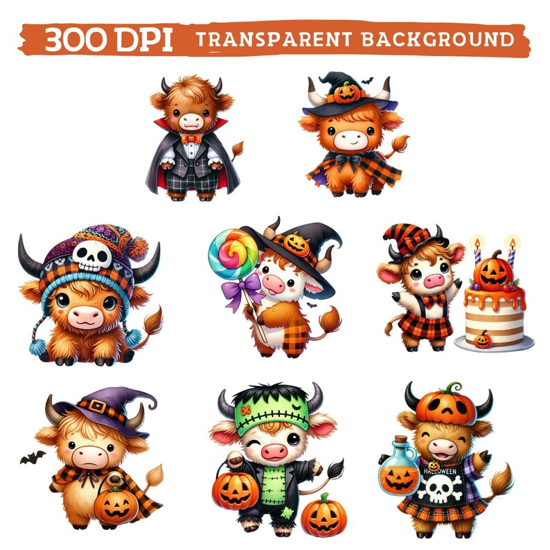 Halloween Highland Cow Clipart, Watercolor Cute Highland Cow Halloween ...