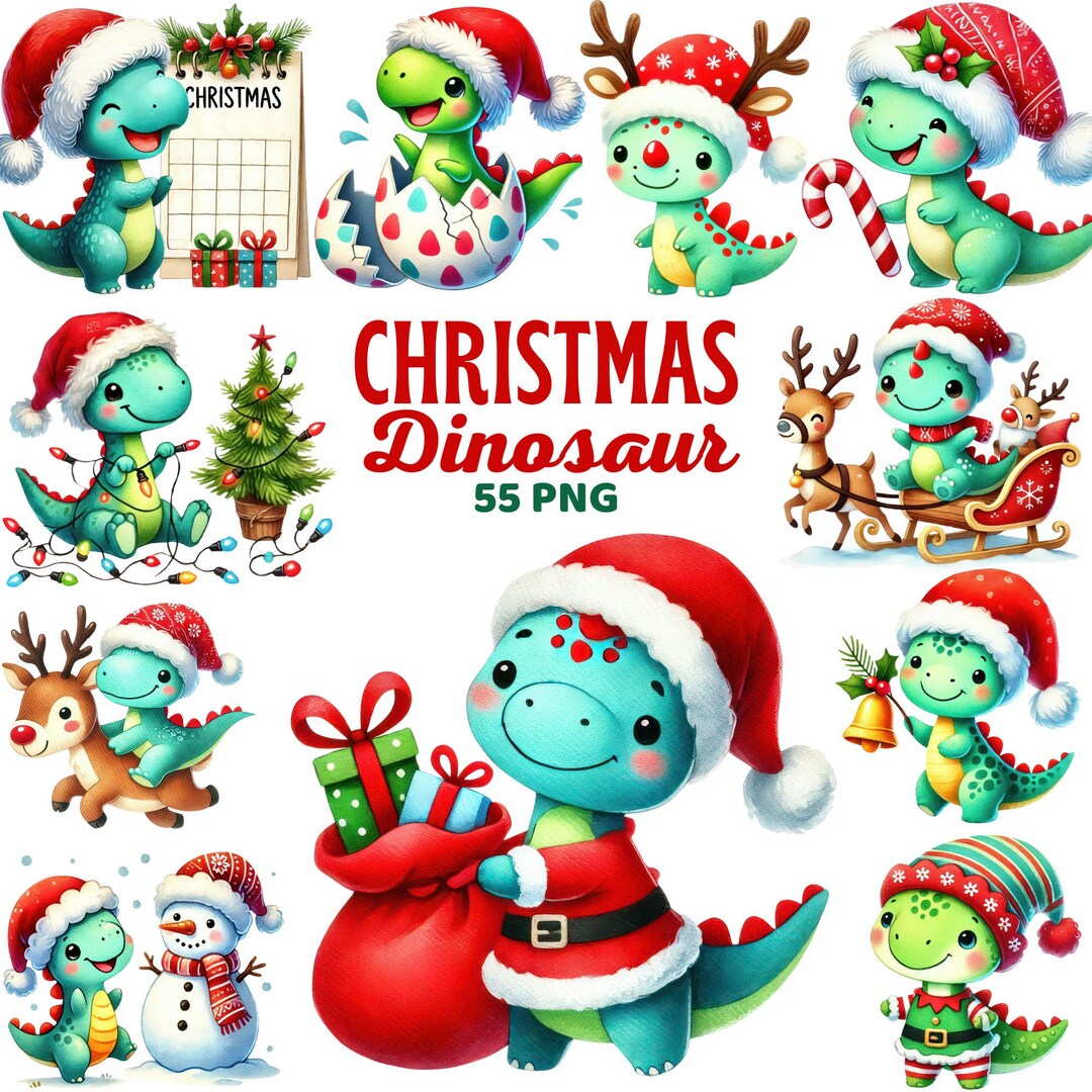 Christmas Dinosaur Clipart, Watercolor Cute Holiday Dino, Nursery Decor ...