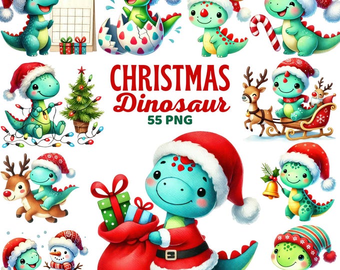 Dinosaur Christmas Clipart | Festive Dino PNG Set (commercial Use ...