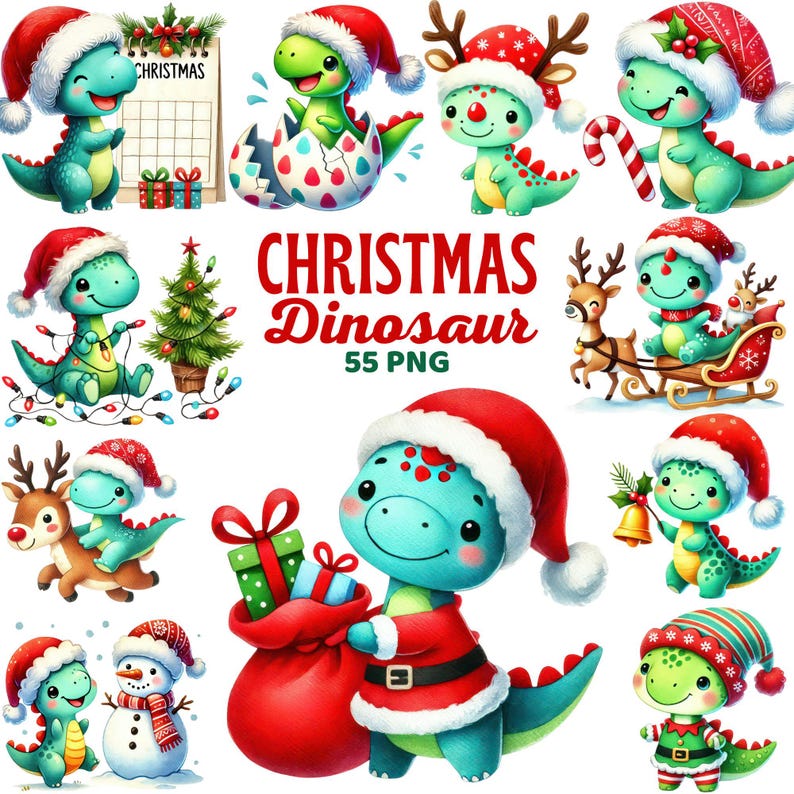 Christmas Dinosaur Clipart, Watercolor Cute Holiday Dino, Nursery Decor ...