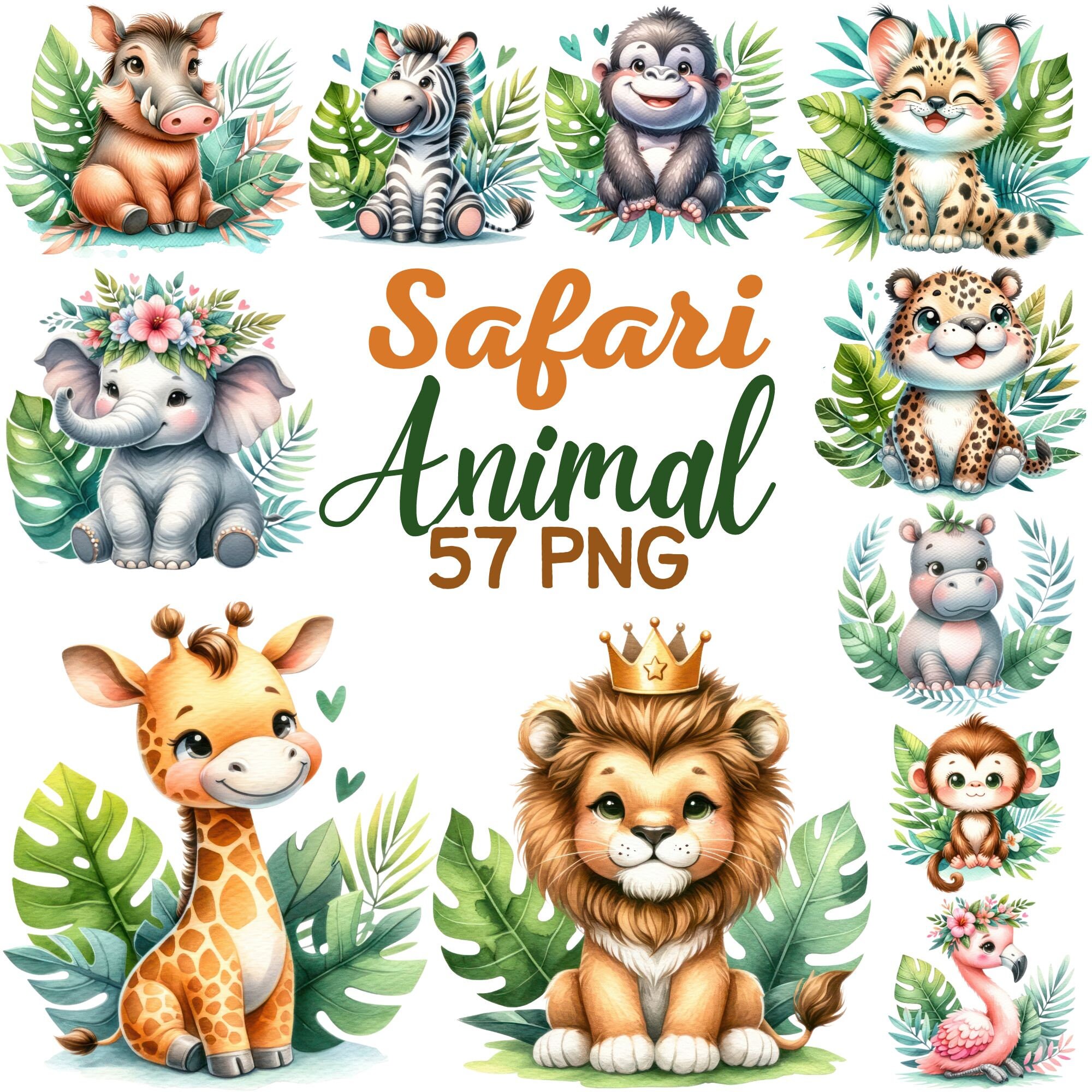 Watercolor Cute Safari Animals Clipart, Jungle Safari Animal Nursery ...