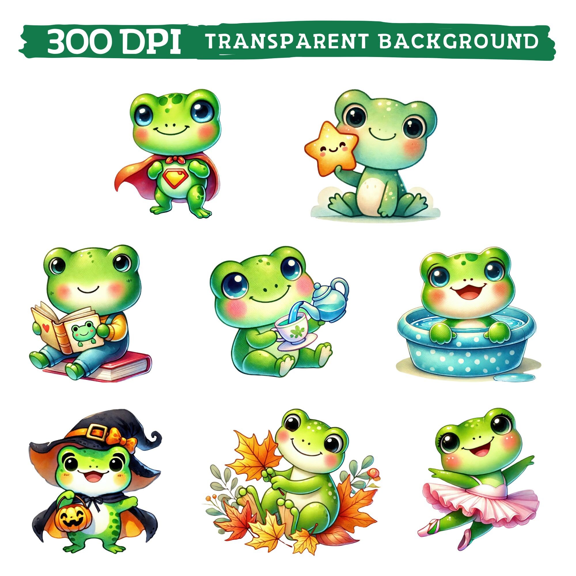 Cute Frog Clipart, Watercolor Green Frogs Nursery, Summer Fall Birthday ...