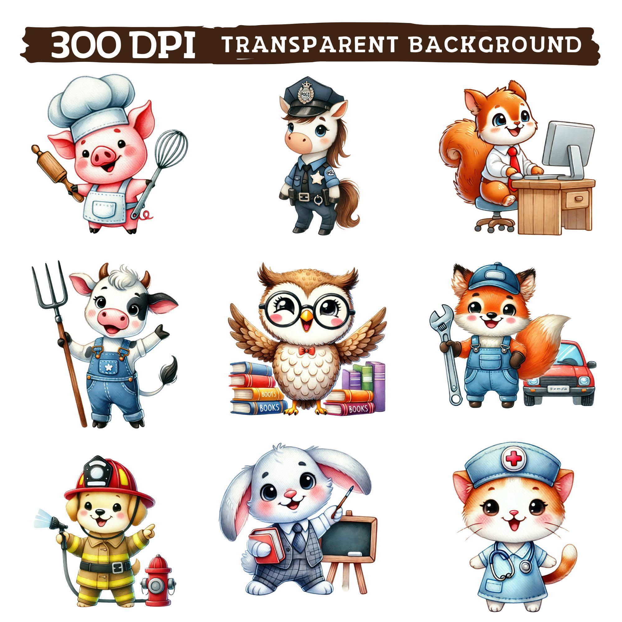 Labor Day Animals Clipart, Watercolor Cute Animal Workers, Occupation ...