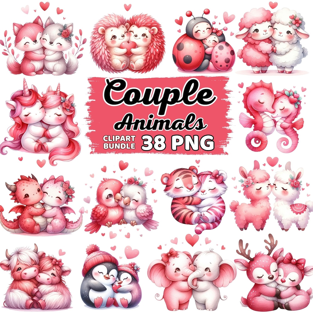 Watercolor Cute Couple Animals Clipart, Pink Romantic Baby Animal ...
