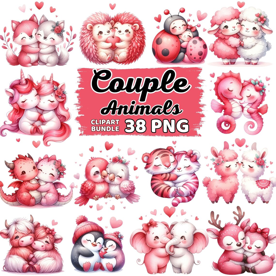 Watercolor Cute Couple Animals Clipart, Pink Romantic Baby Animal ...