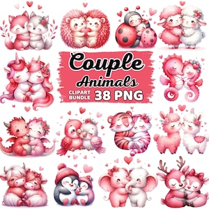 Watercolor Cute Couple Animals Clipart, Pink Romantic Baby Animal ...