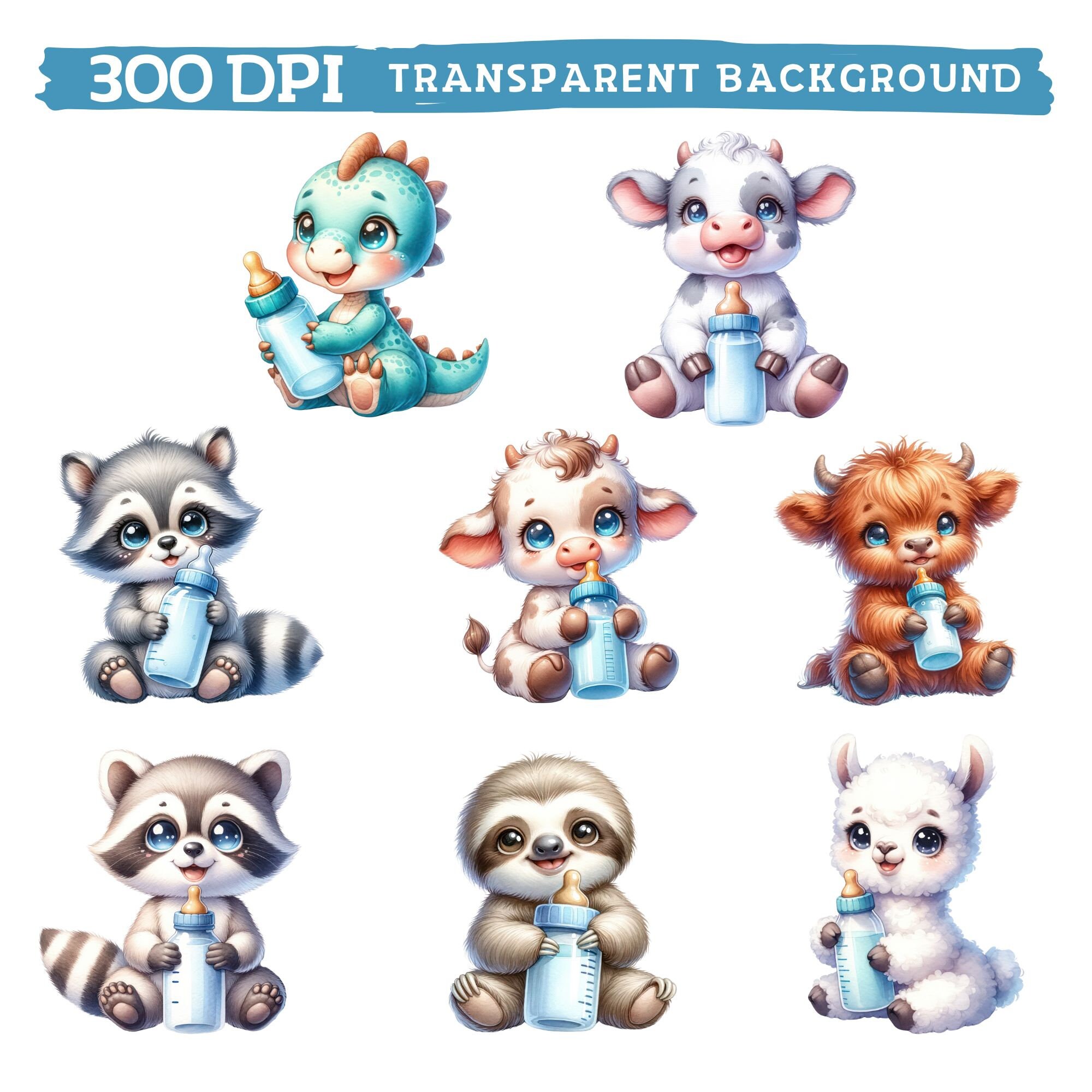 Cute Baby Animals With Blue Baby Bottle Clipart, Watercolor Animal ...