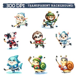 Hockey Animals Clipart, Watercolor Cute Cartoon Winter Sports Nursery ...
