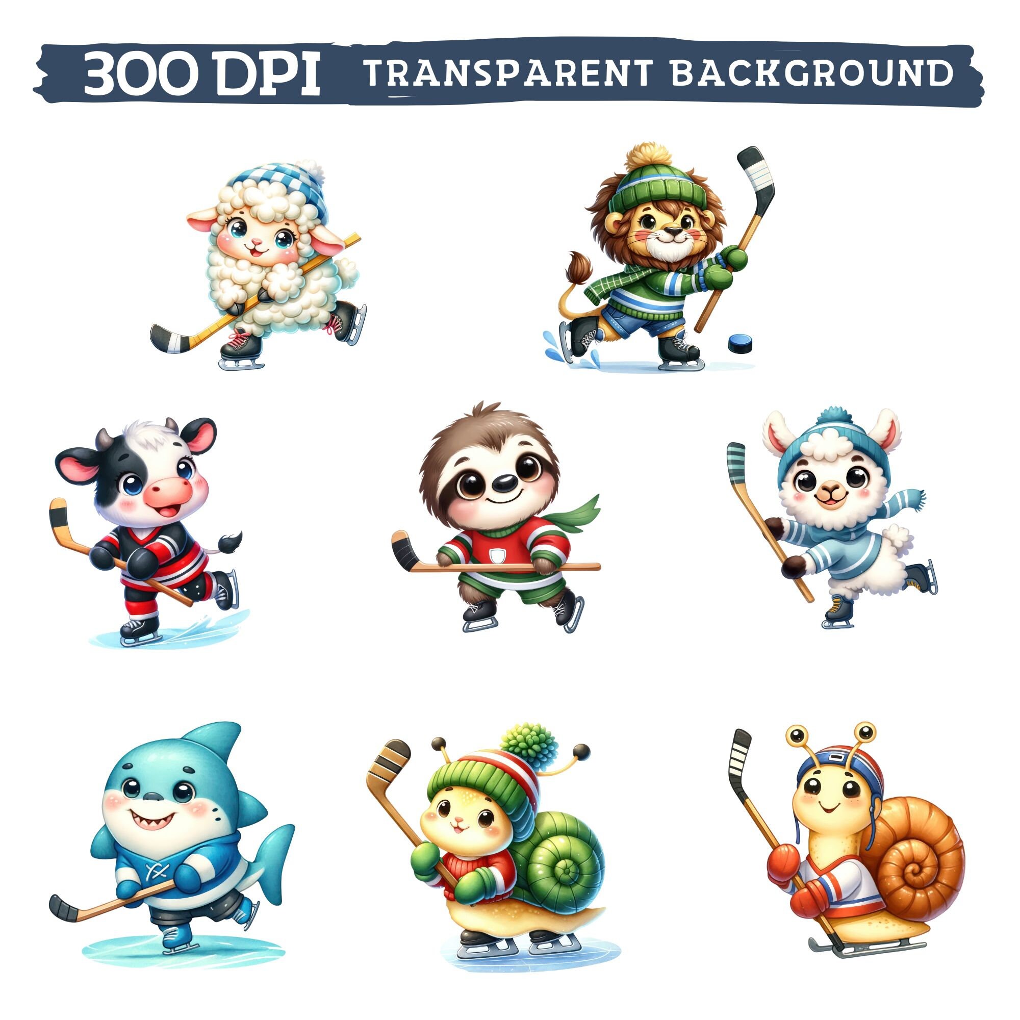 Hockey Animals Clipart, Watercolor Cute Cartoon Winter Sports Nursery ...