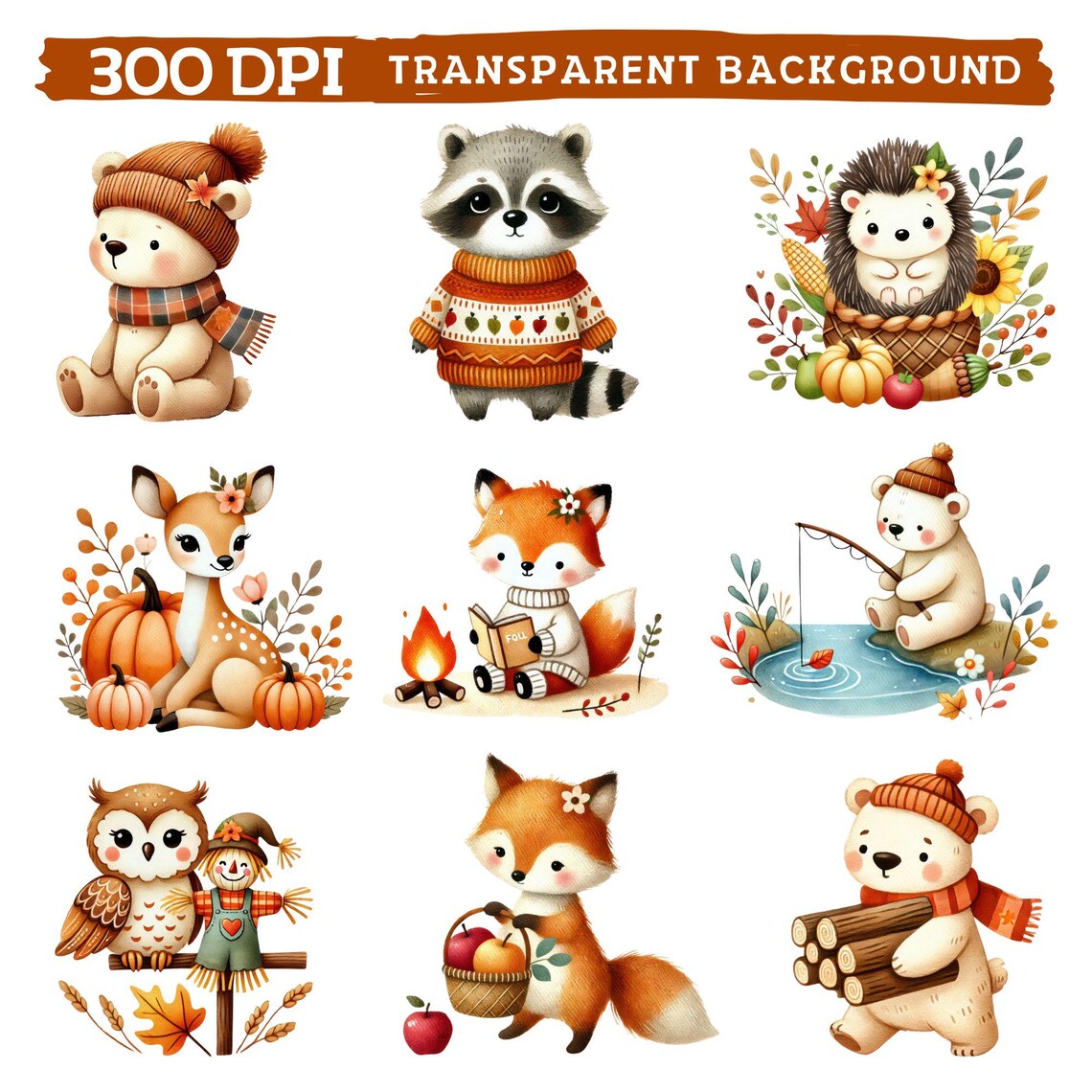 Fall Animals Clipart, Cute Autumn Woodland Animal, Watercolor Fall ...