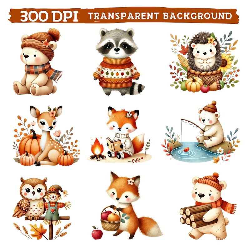 Fall Animals Clipart, Cute Autumn Woodland Animal, Watercolor Fall ...